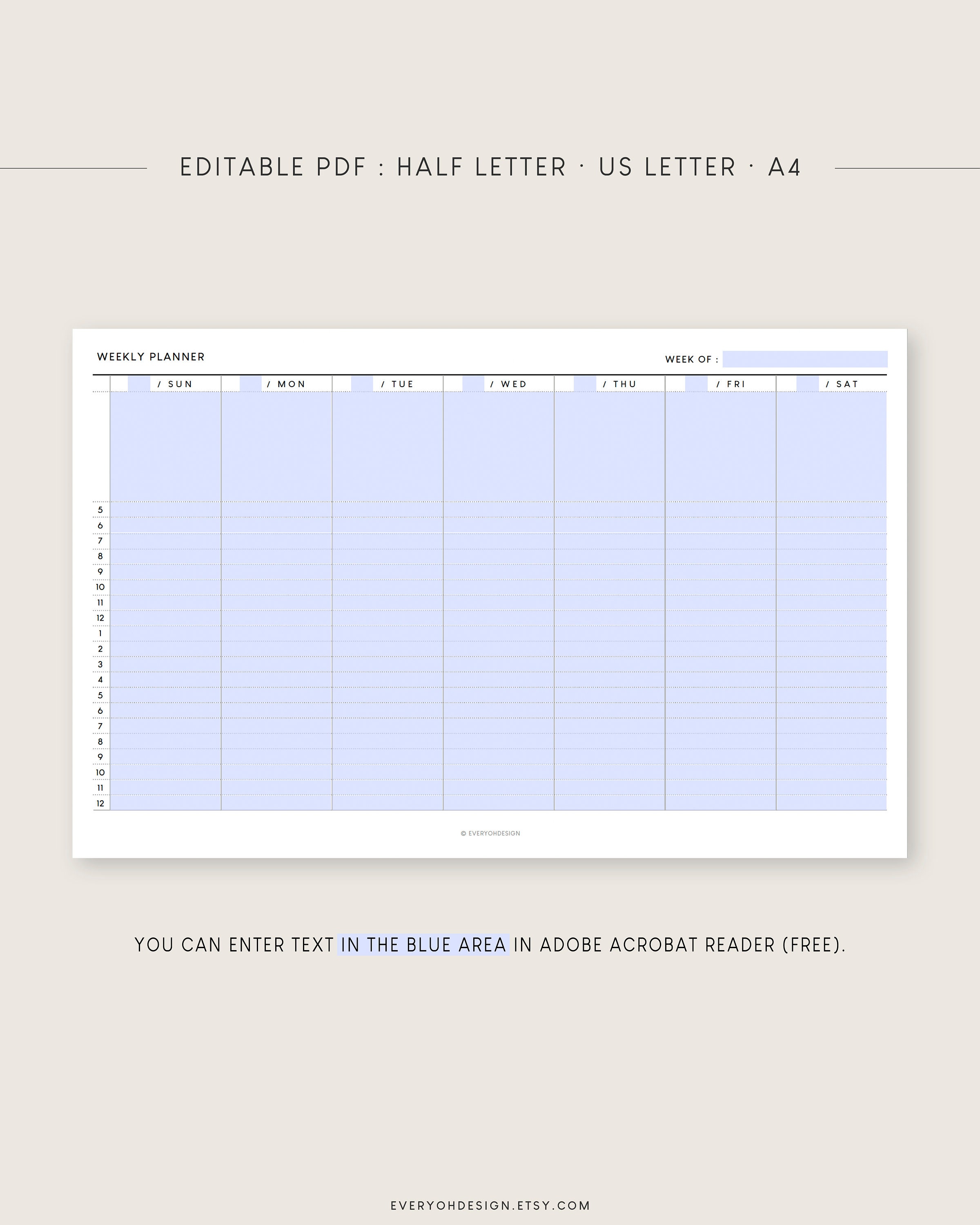 Half Letter Weekly Hourly Planner Week Scheduler Printable - Etsy