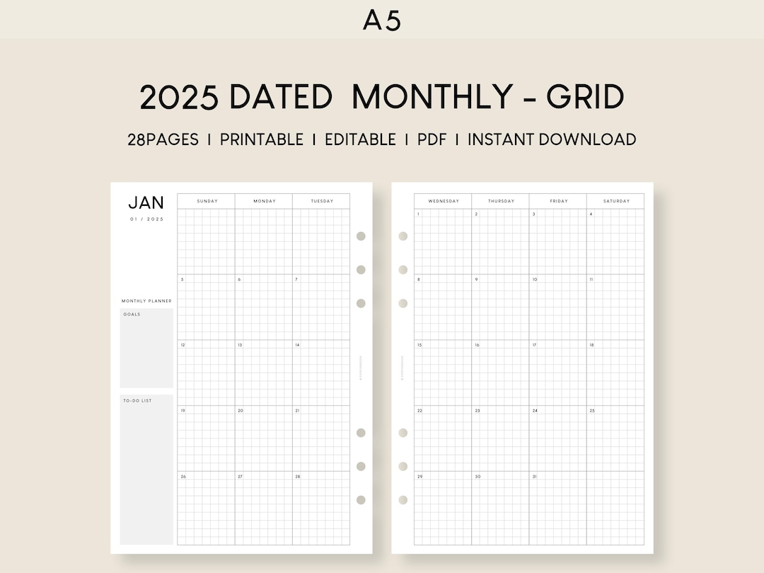 A5 2025 Calendar Monthly Printable Insert | Editable Planner Template ...