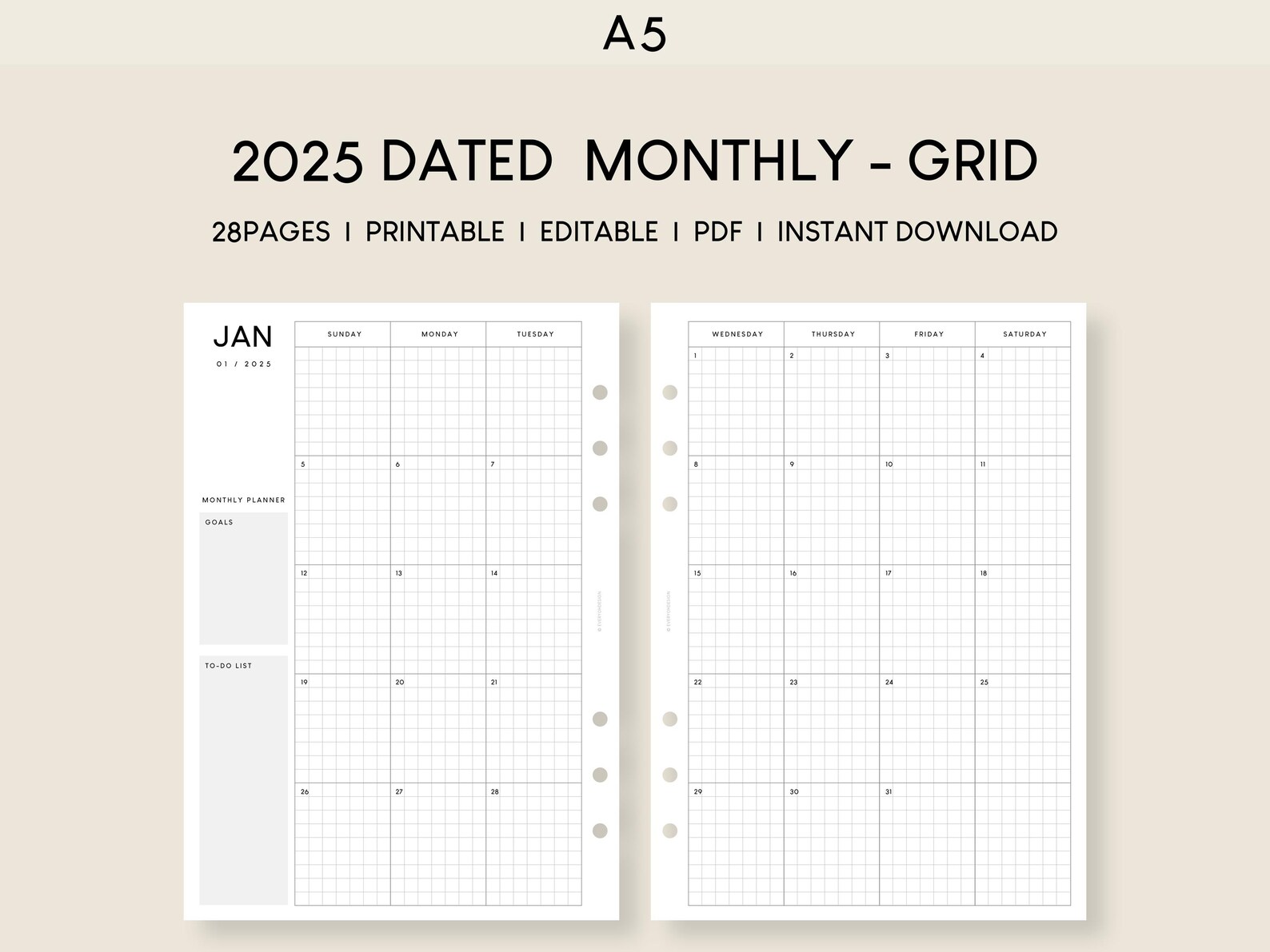 A5 2025 Calendar Monthly Printable Insert | Editable Planner Template ...