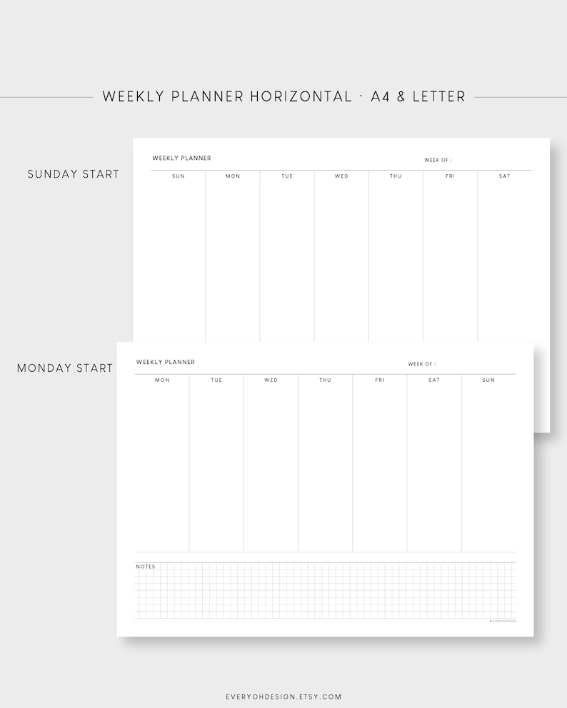 Weekly Horizontal Printable Planner A4 & Letter | Editable Week on One ...