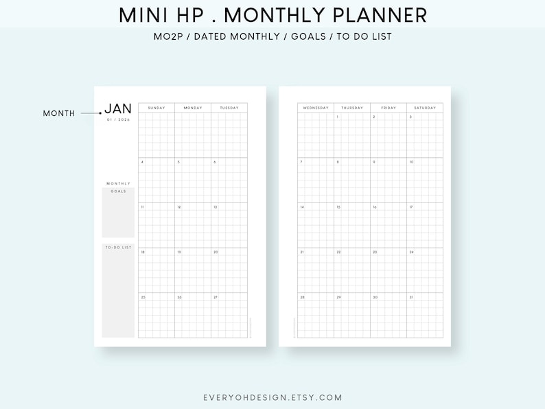 2026 Mini HP Planner Monthly Printable Inserts: Grid, Goal & To-do List ...