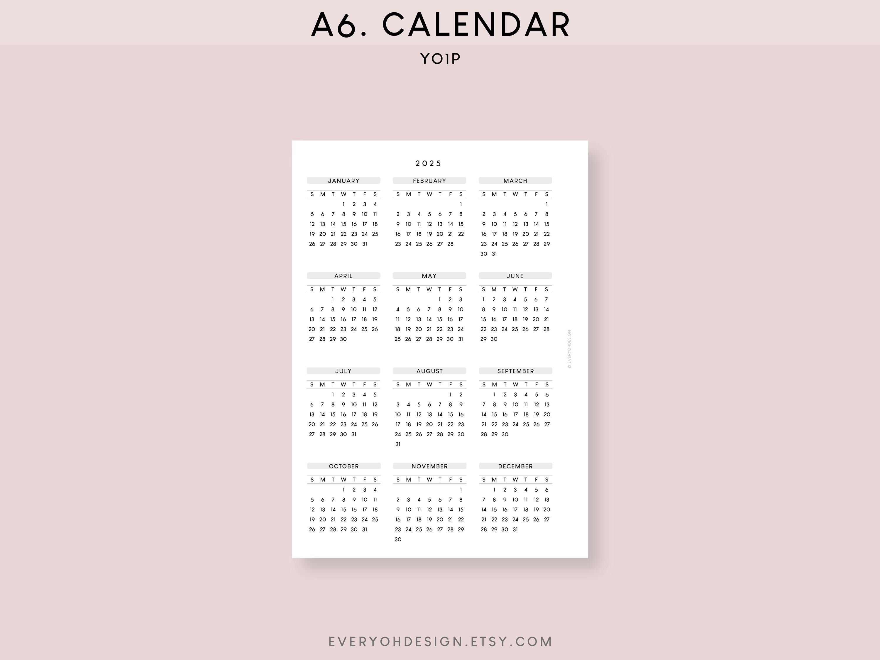 A6 2025 Calendar Overview Printable Insert | Dated Yearly Planner ...