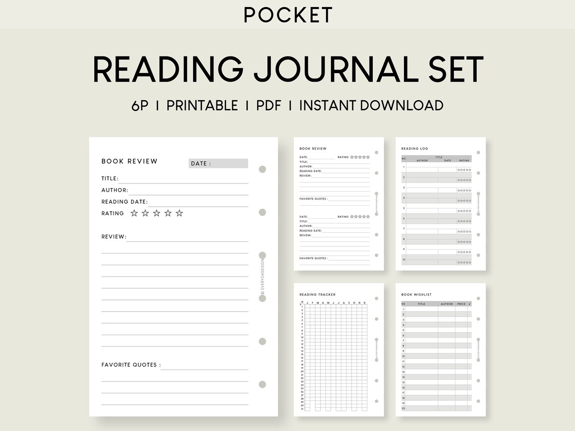 Pocket Reading Journal Bundle Printable Inserts Book Planner 6types ...