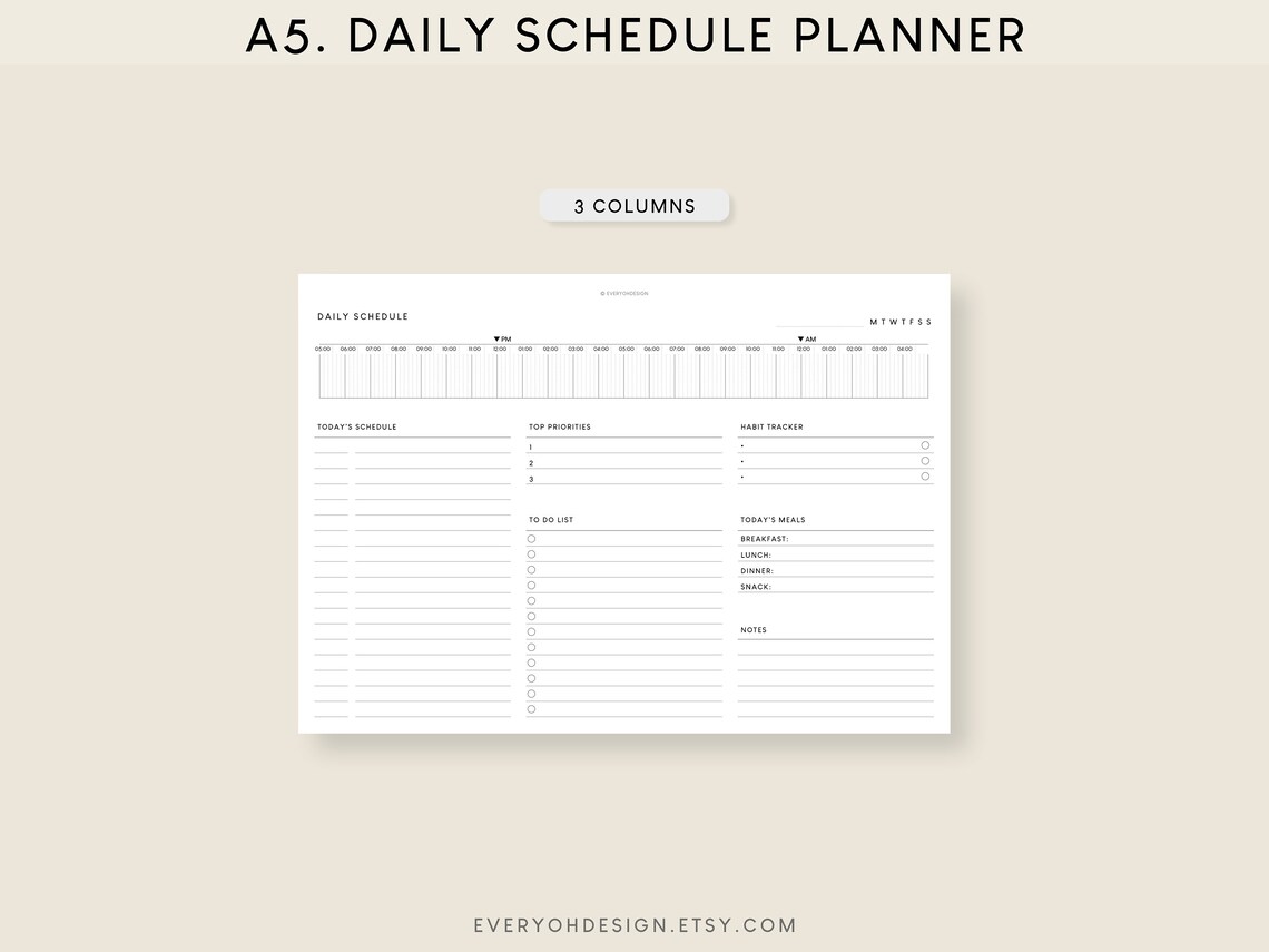 Daily Schedule Planner A5 Printable Insert 24 Hour Timetable Daily Log ...