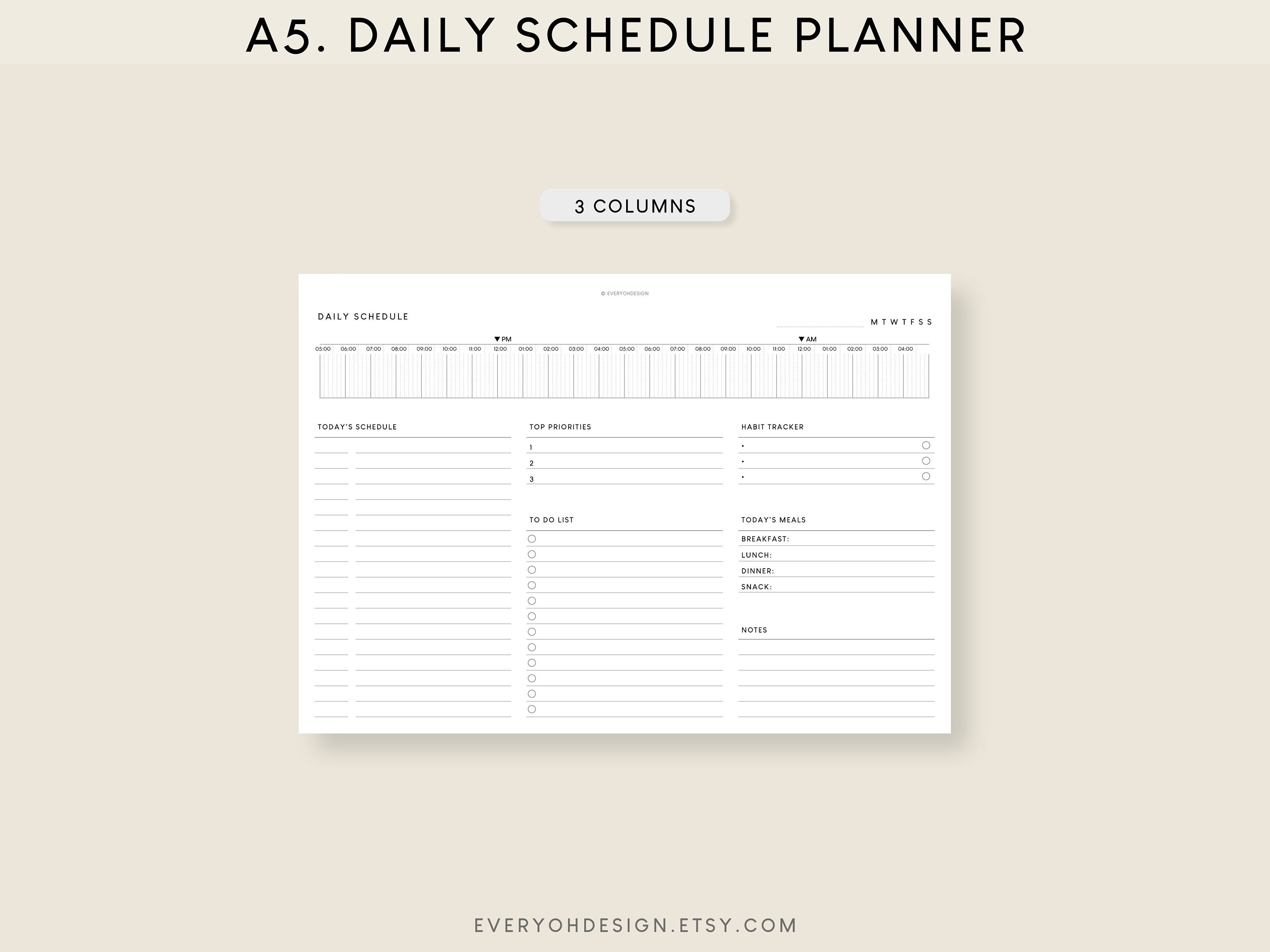 A5 Daily Schedule Planner: 24 Hour Timetable (printable PDF) - Etsy