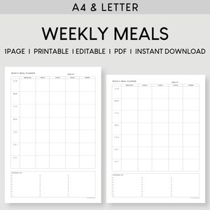 A4 & Letter Weekly Meal Planner | Printable Menu List Inserts ...
