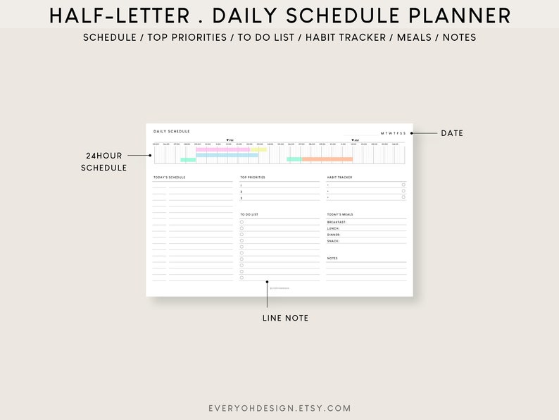 Daily Schedule Planner: Half-letter Printable Inserts (PDF) - Etsy