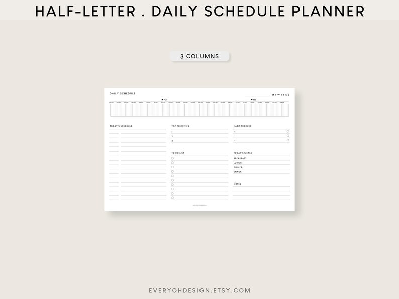 Daily Schedule Planner Half-letter Printable Inserts 24 Hour Blocking ...