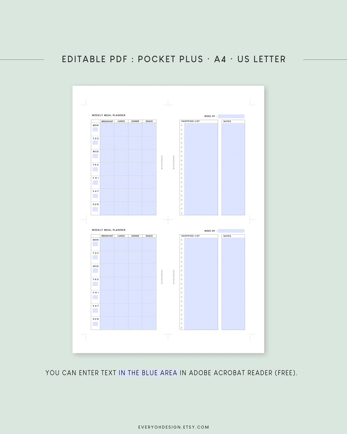Pocket Plus Weekly Meal Planner Printable Insert Week at A - Etsy