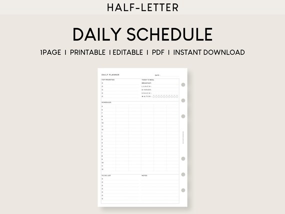Daily Planner Half Letter Printable Inserts Undated Schedule - Etsy