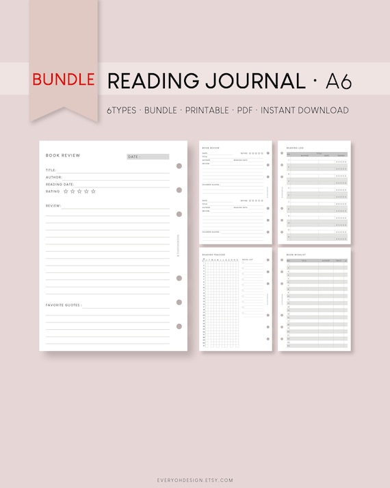A6 Reading Journal Bundle Printable Inserts Minimalist Book | Etsy