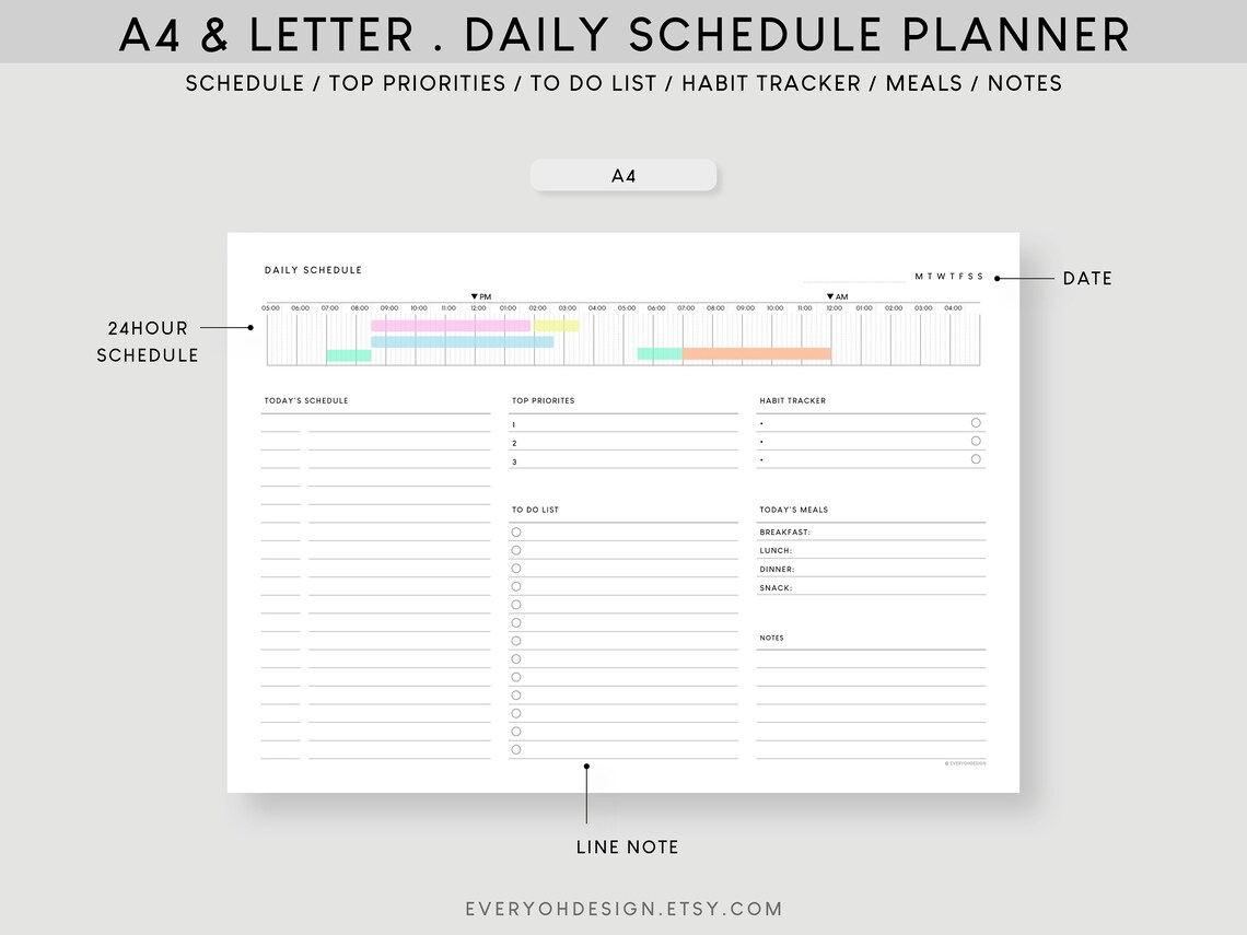 A4&letter Daily Schedule Planner Printable 24 Hour Timetable Daily Log ...