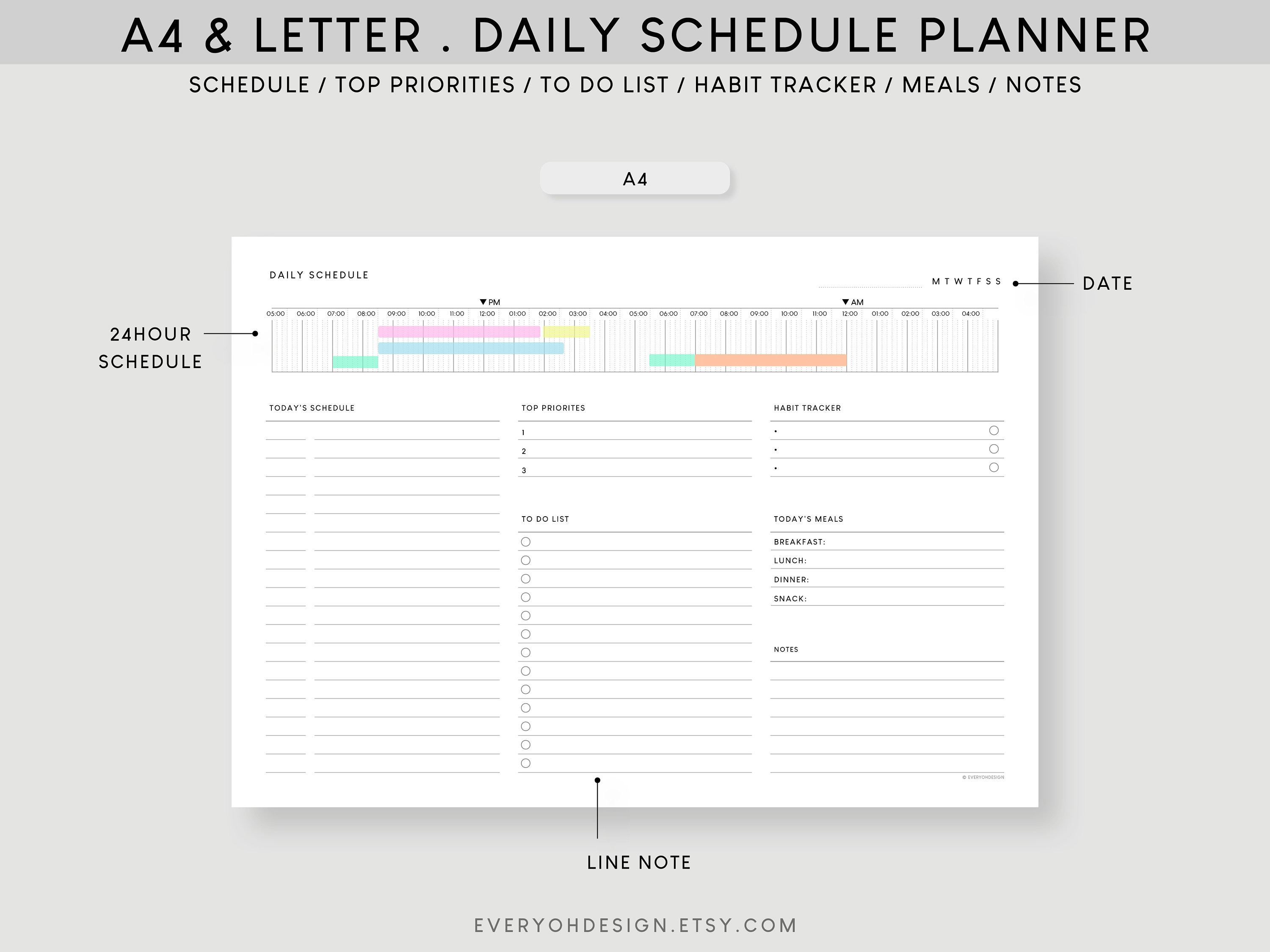 A4&letter Daily Schedule Planner Printable 24 Hour Timetable Daily Log ...