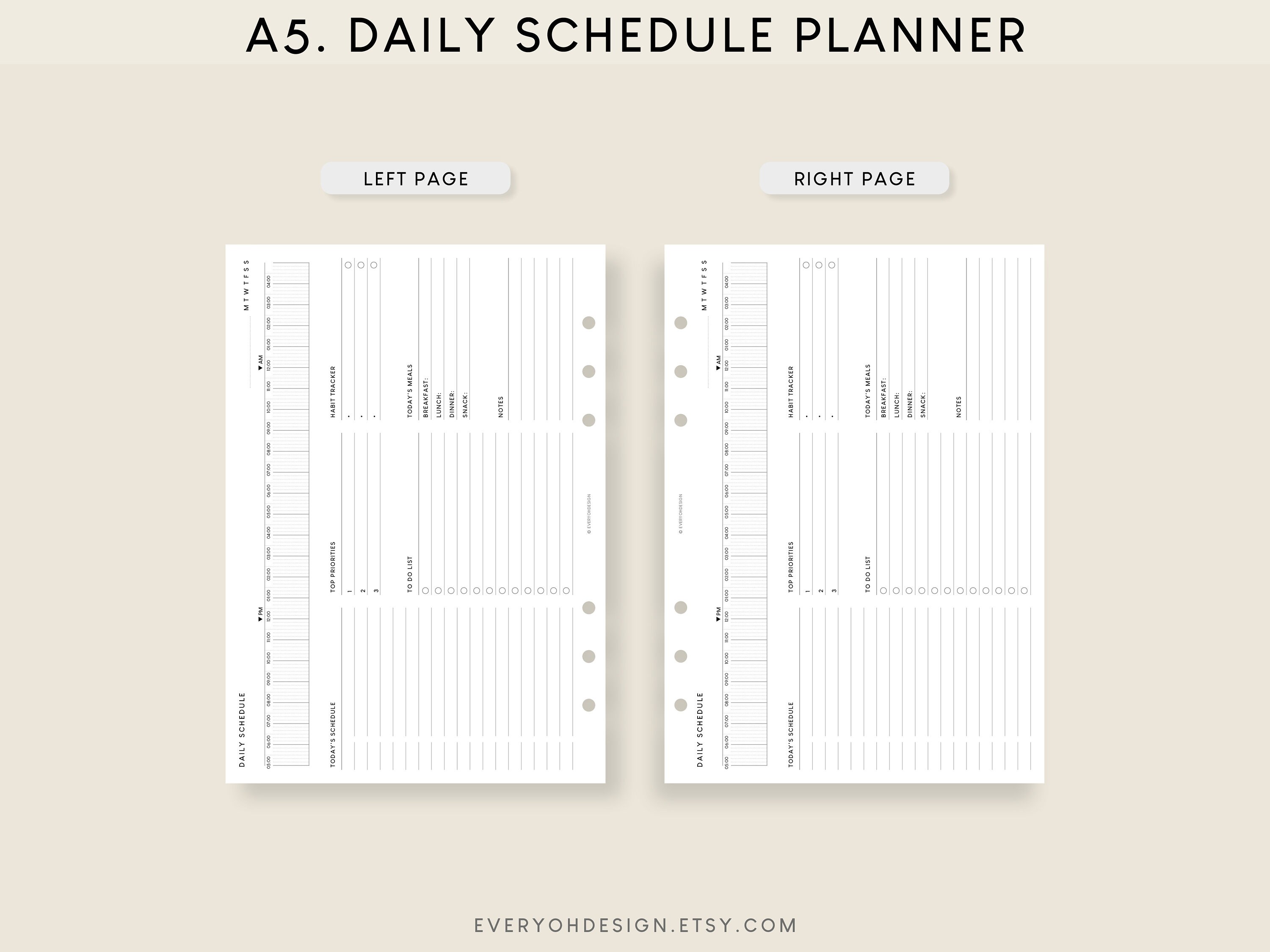 Daily Schedule Planner A5 Printable Insert 24 Hour Timetable Daily Log ...