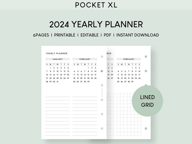 2024 Yearly Planner Pocket XL Printable Inserts Minimal Future Log ...