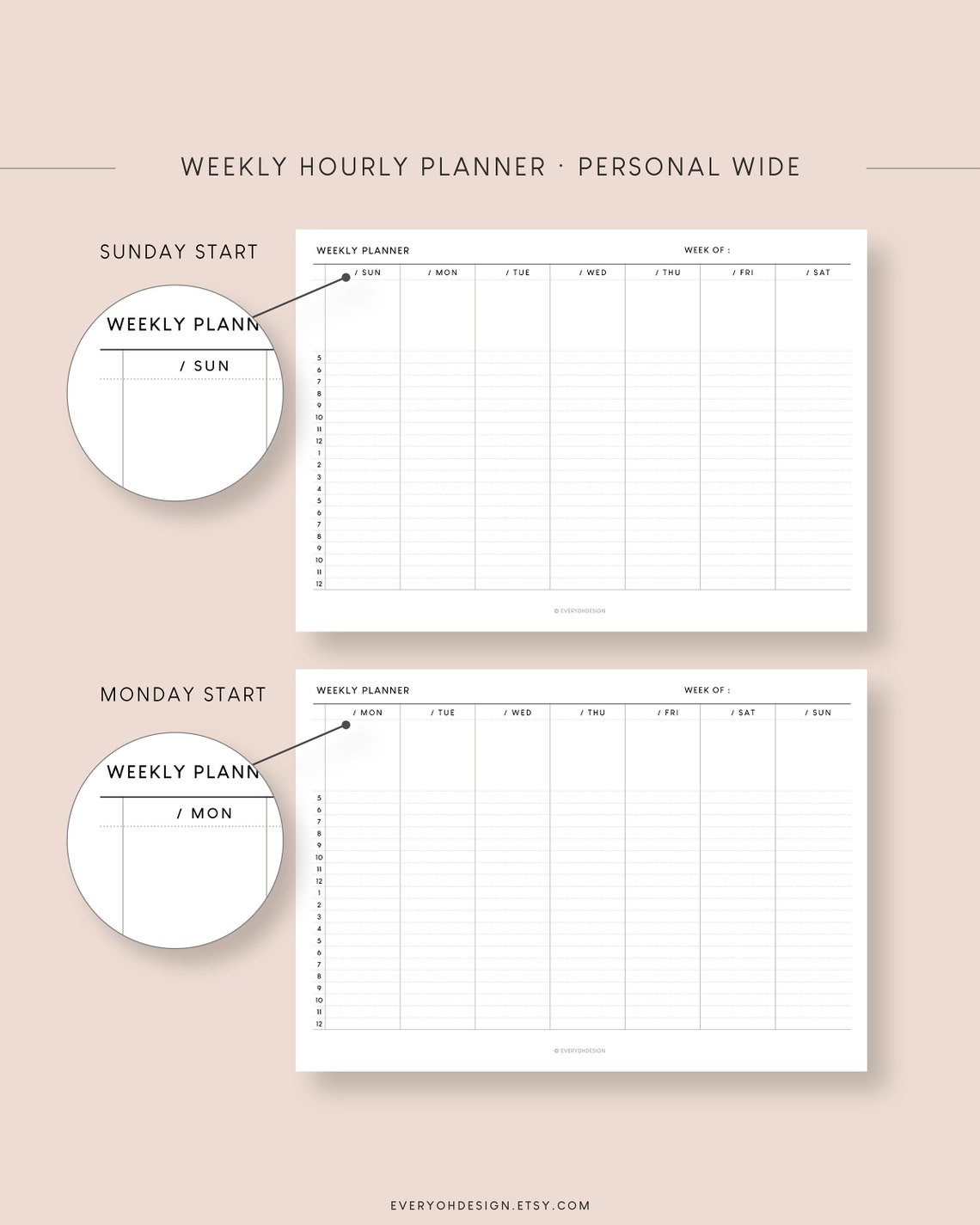 Personal Wide Hourly Weekly Planner Timetable Printable Insert Week ...