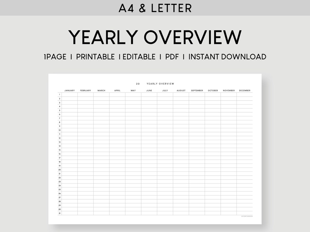 A4 & Letter Yearly Overview Planner | Minimalist Printable Inserts ...