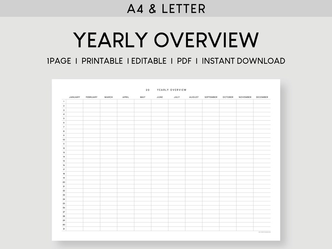 A4 & Letter Yearly Overview Planner Minimalist Printable Inserts 365 ...