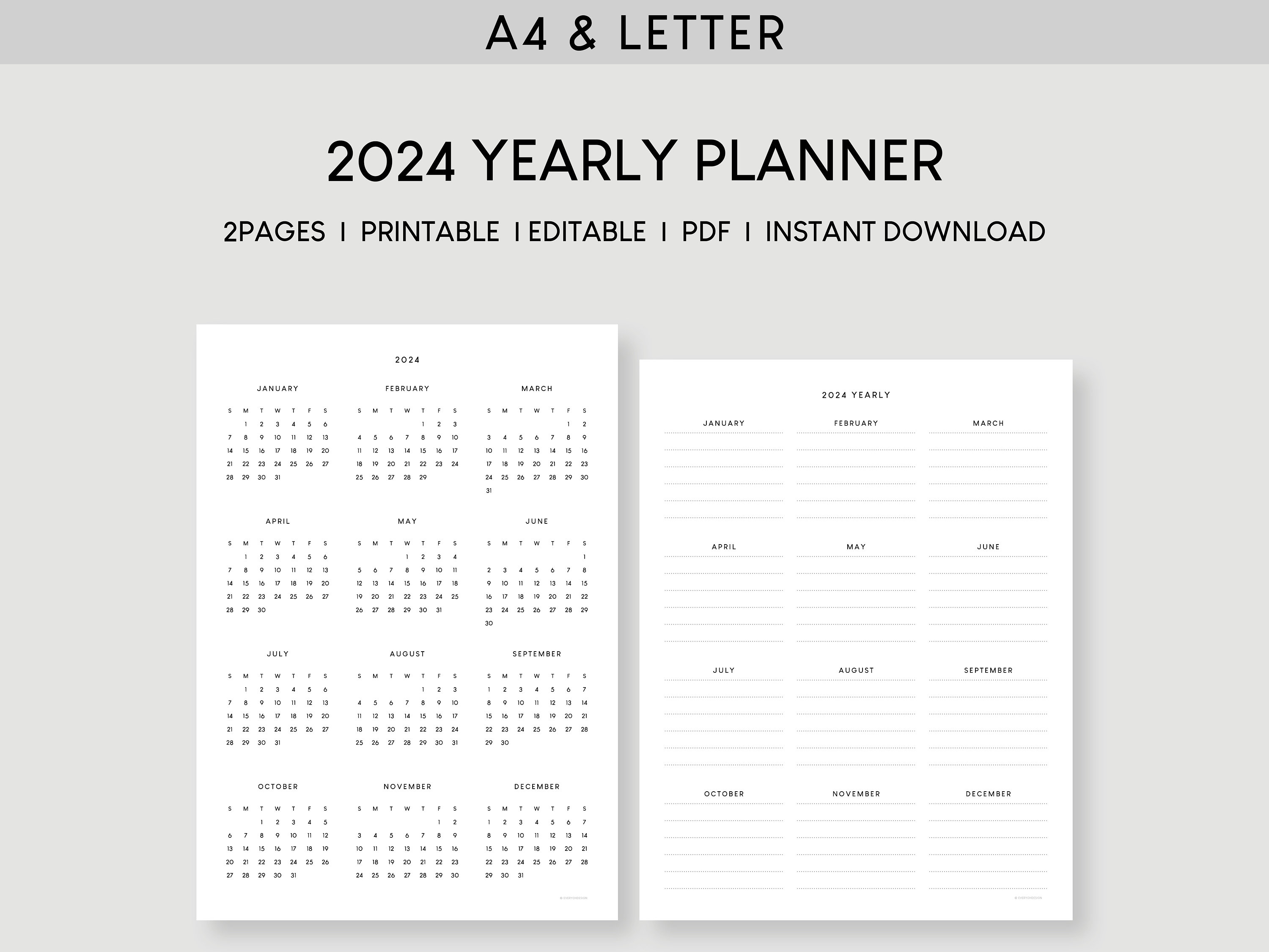 2024 Calendar Yearly Planner A4 & Letter Printable Yearly - Etsy