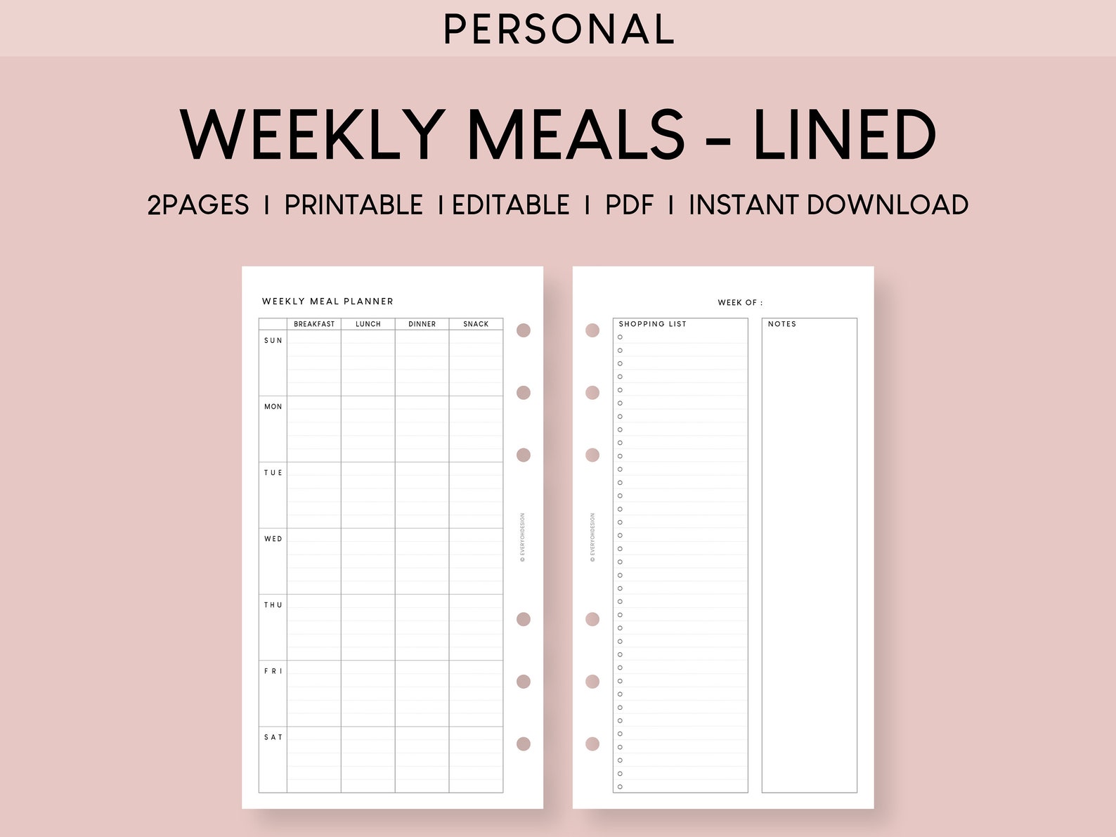 Personal Ring Weekly Meal Planner Printable Inserts - Etsy