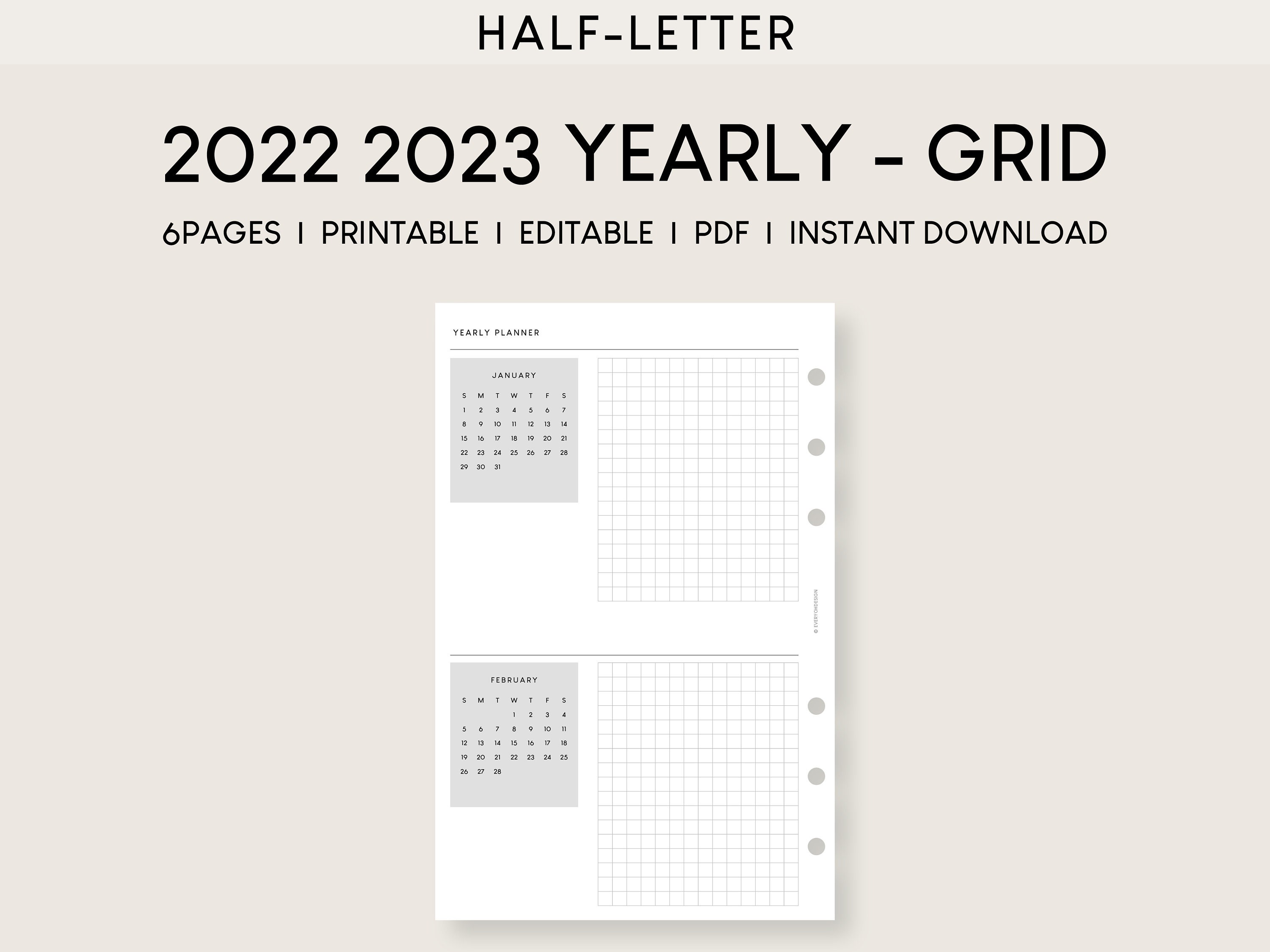 2022 2023 Yearly Planner Calendar Printable Inserts Editable - Etsy