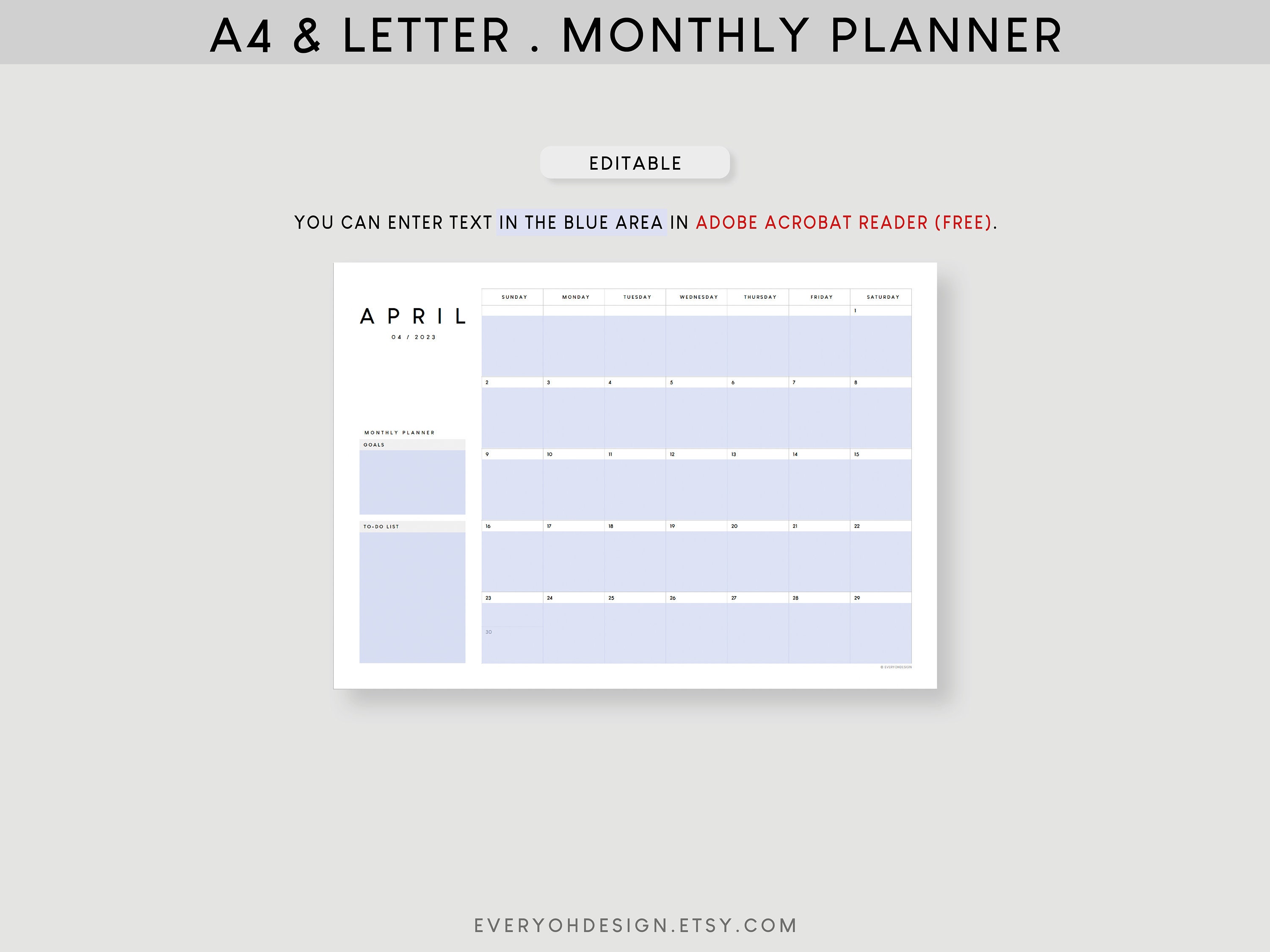 A4 & Letter 2024 Monthly Calendar Printable MO1P Editable Monthly ...