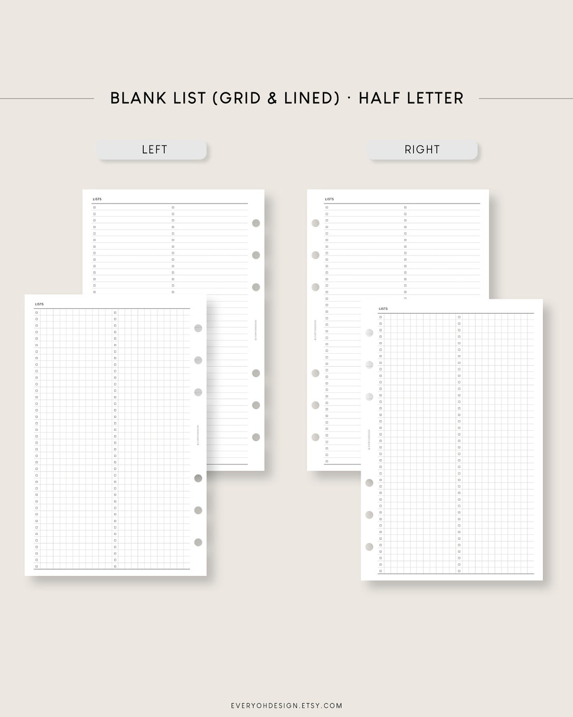 Blank Lists Grid & Lined Half-letter Printable Planner | Minimalist ...