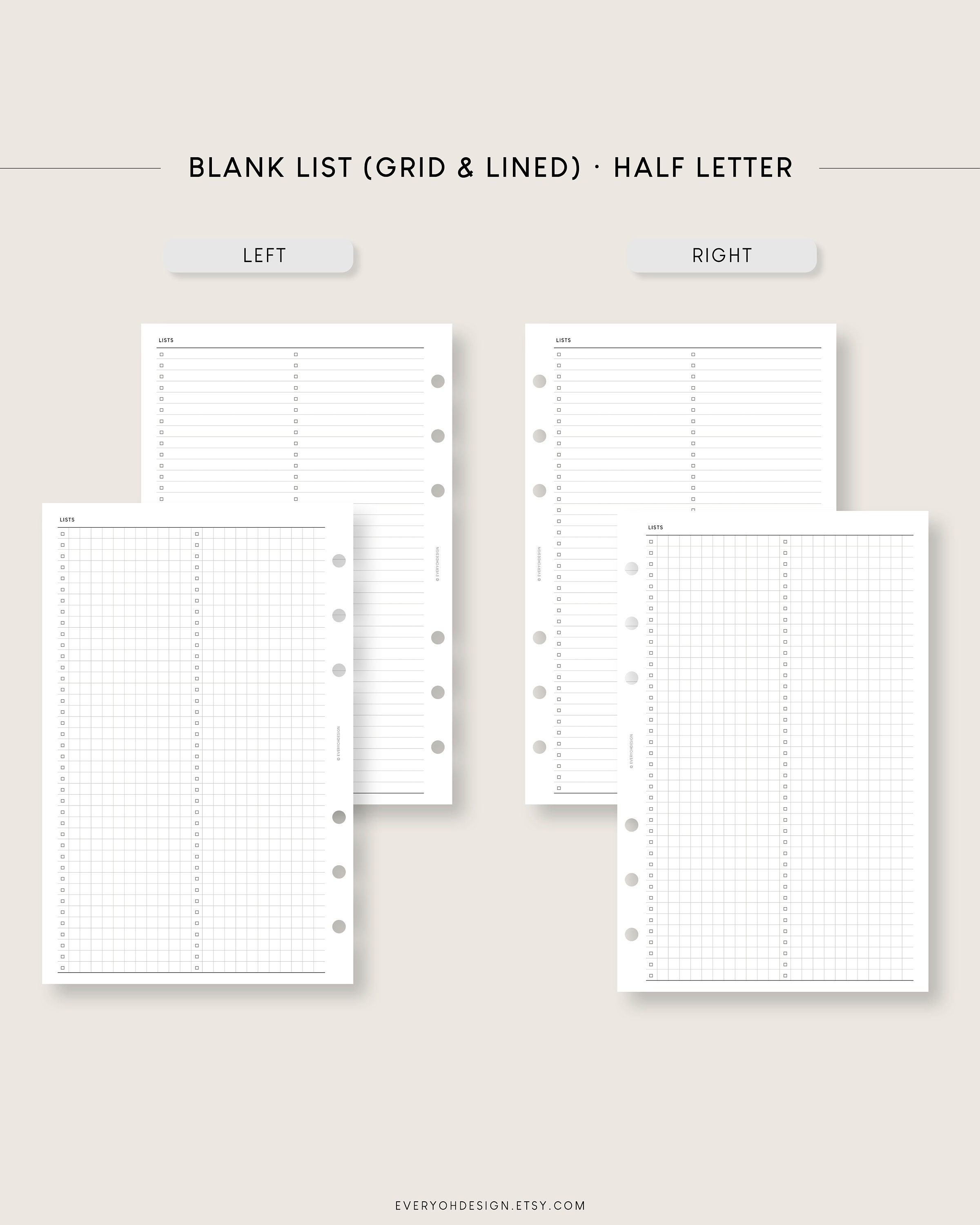 Blank Lists Grid & Lined Half-letter Printable Planner | Minimalist ...