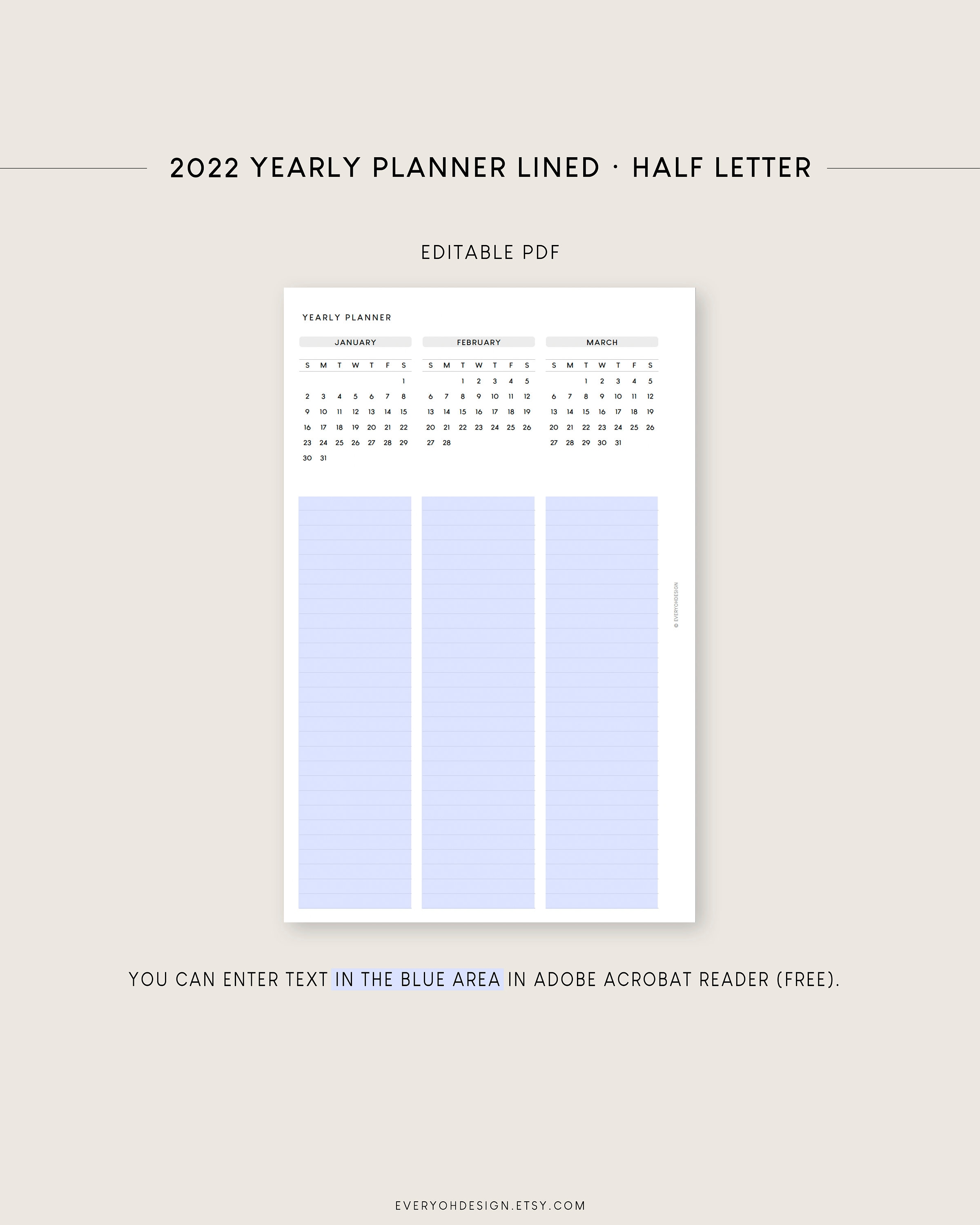 Half-letter 2024 Calendar Yearly Printable Planner Dated Future Log ...