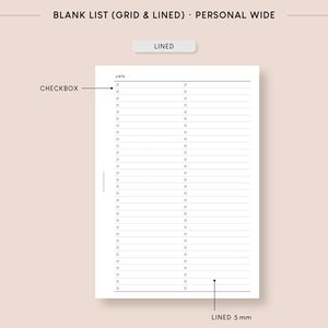 Blank Lists Grid & Lined Personal Wide Printable Planner Inserts ...