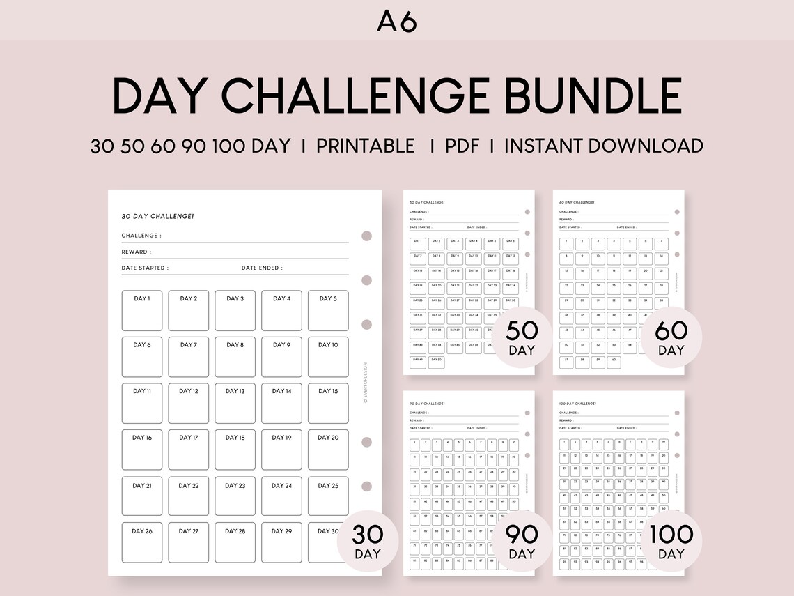 100 Day Challenge Printable Set 30 Day Tracker A4 Letter Template 50 ...