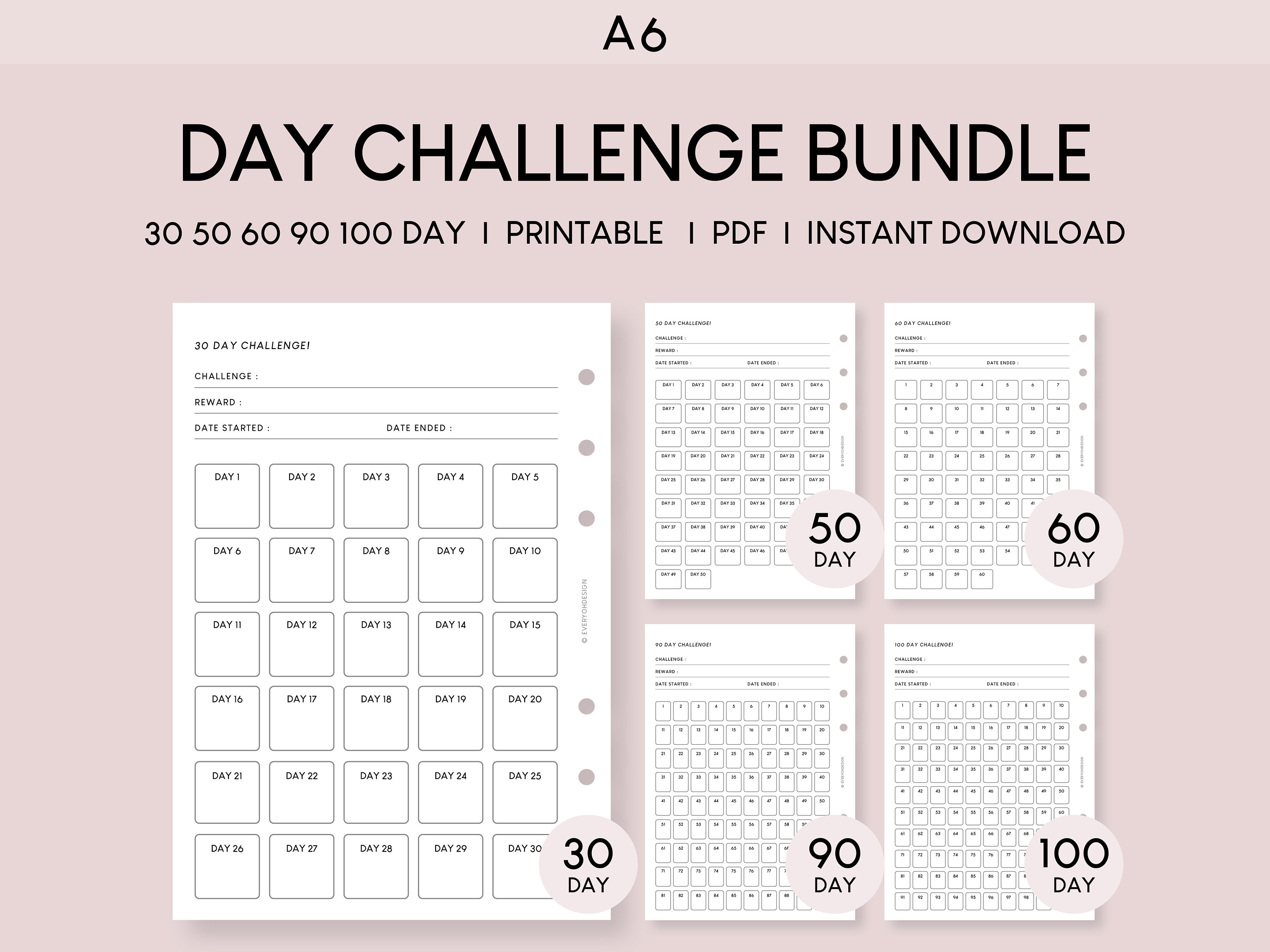 100 Day Challenge Printable Set 30 Day Tracker A4 Letter Template 50 ...