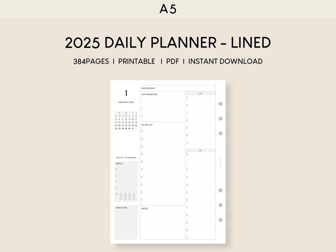 2025 Daily Planner With Calendar A5 Printable Inserts | Dated Hourly ...