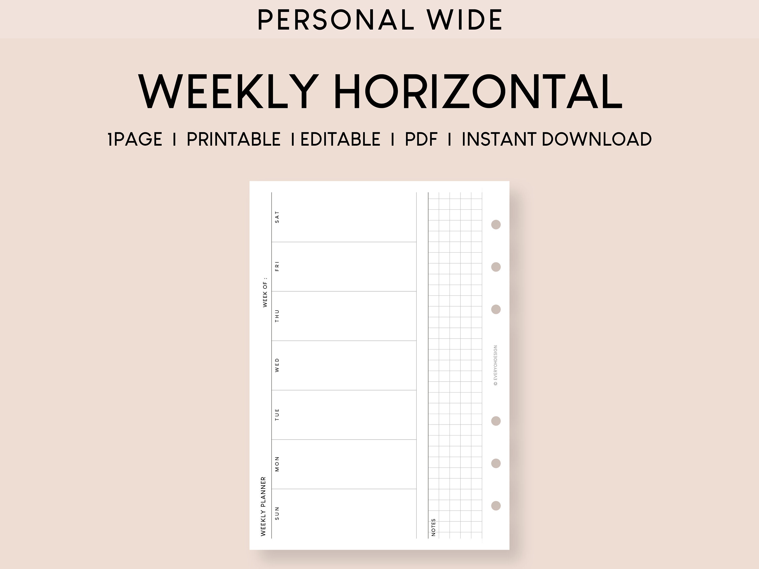 Personal Wide Weekly Planner Horizontal Inserts Printable Undated Week ...