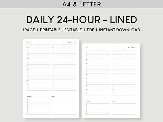 A4 & Letter Daily 24 Hour Planner Printable Undated - Etsy