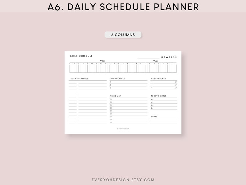 Daily Schedule Planner A6 Printable Insert | 24 Hour Daily Log ...