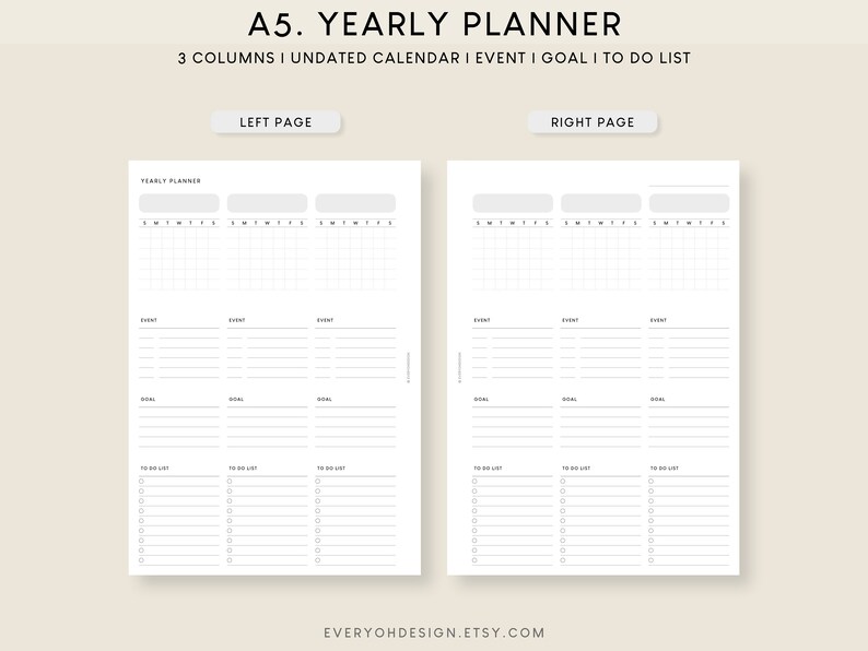 A5 Undated Yearly Planner Printable Inserts Event Goal To-do List ...