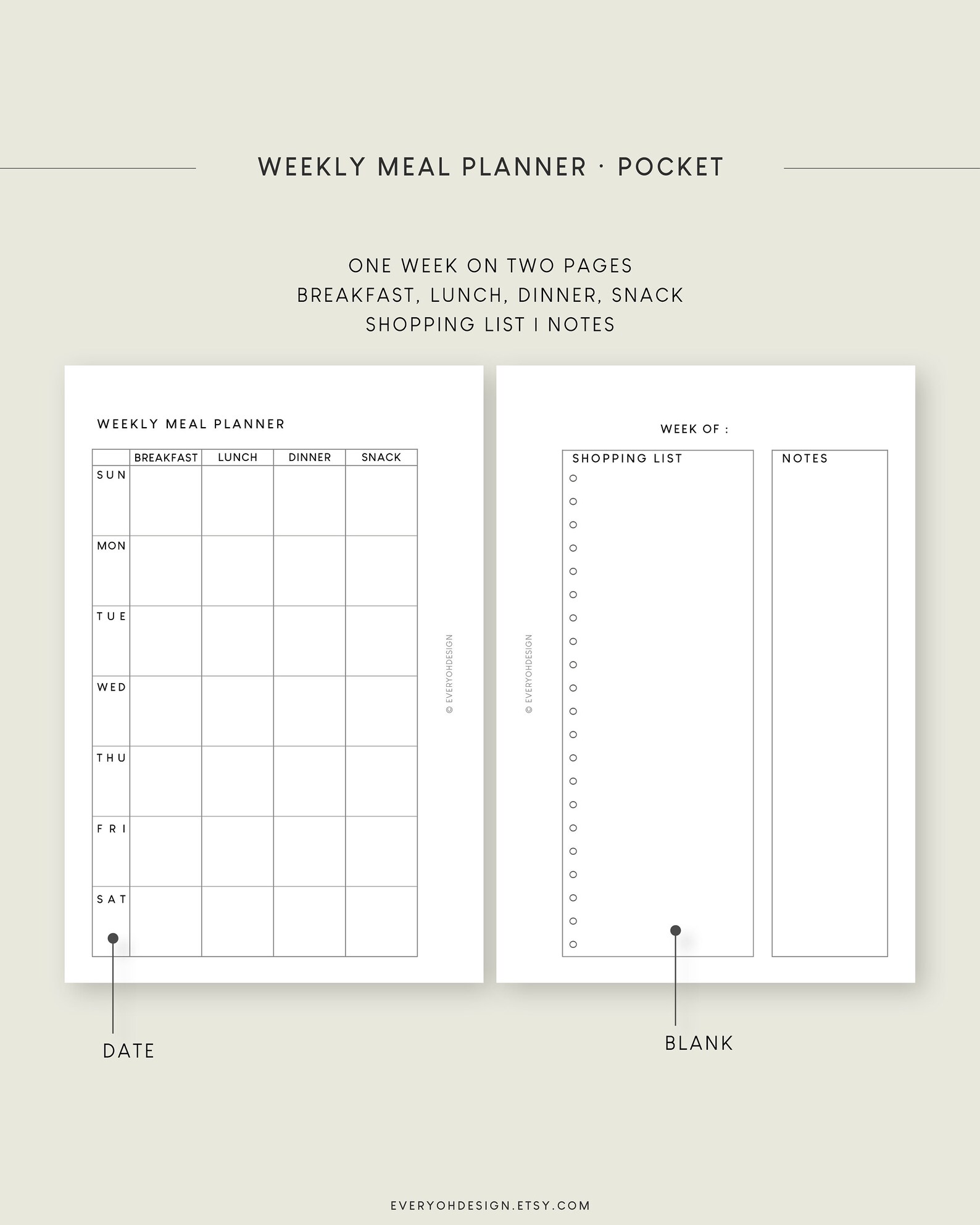 Pocket Weekly Meal Planner Printable Inserts Undated Week Menu Schedule ...
