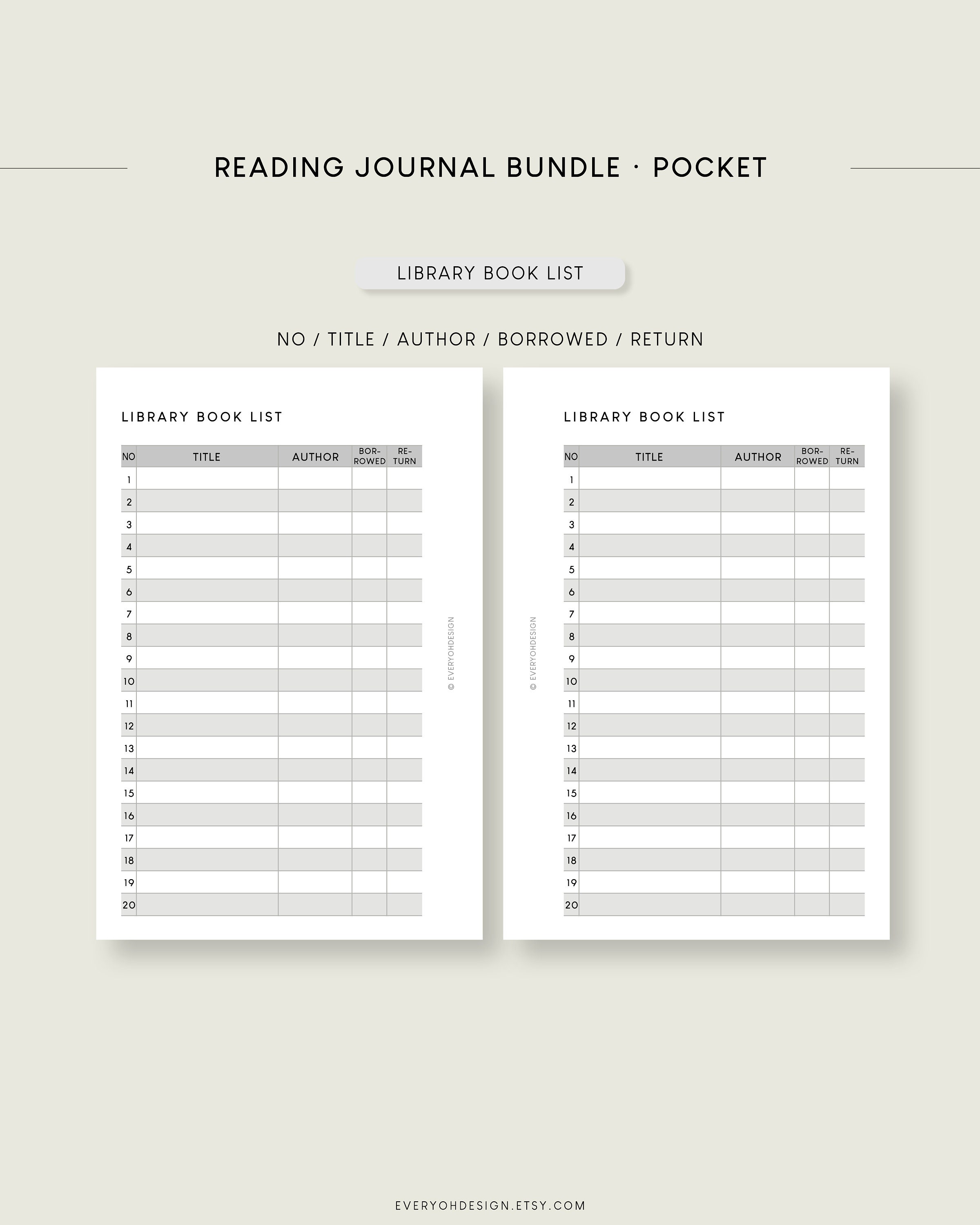 Pocket Reading Journal Bundle Printable Inserts Book Planner 6types ...