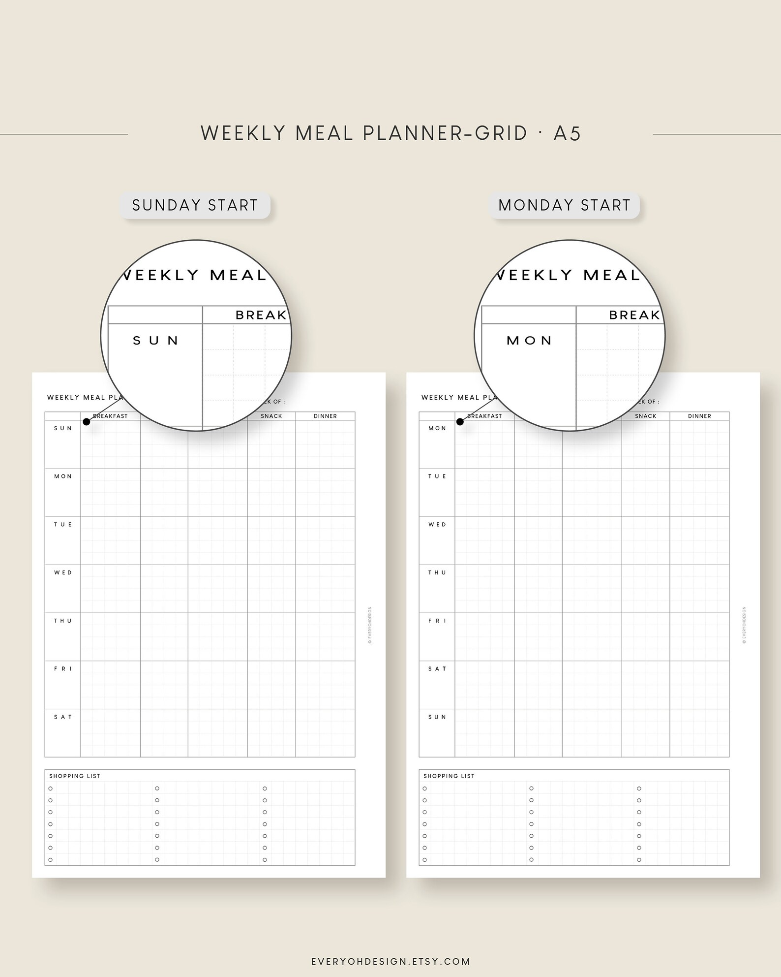 Weekly Meal Grid A5 Planner Insert Grocery Shopping List Printable Menu ...