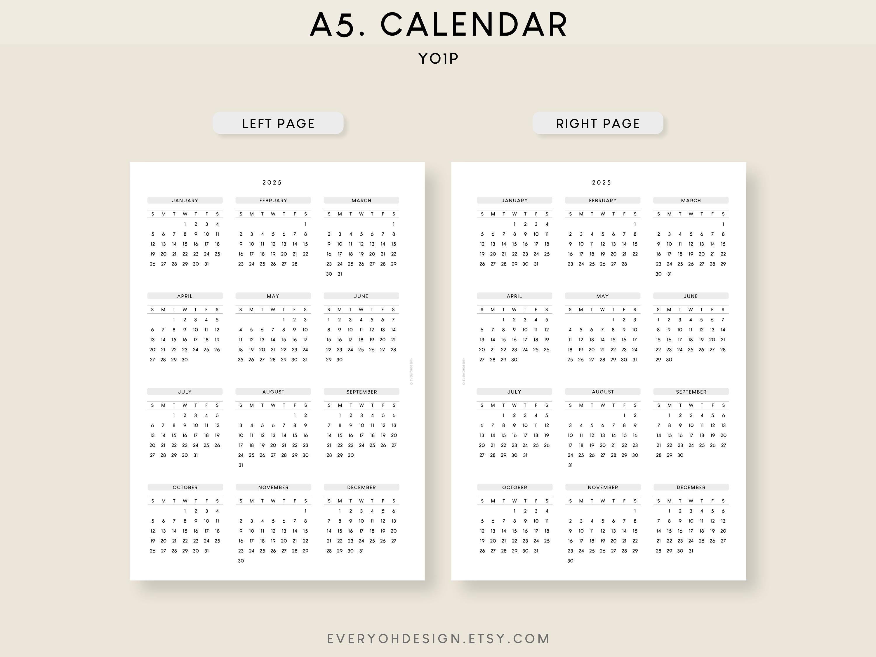 2025 Calendar A5 Printable Insert Sunday, Monday Start Dated Yearly ...