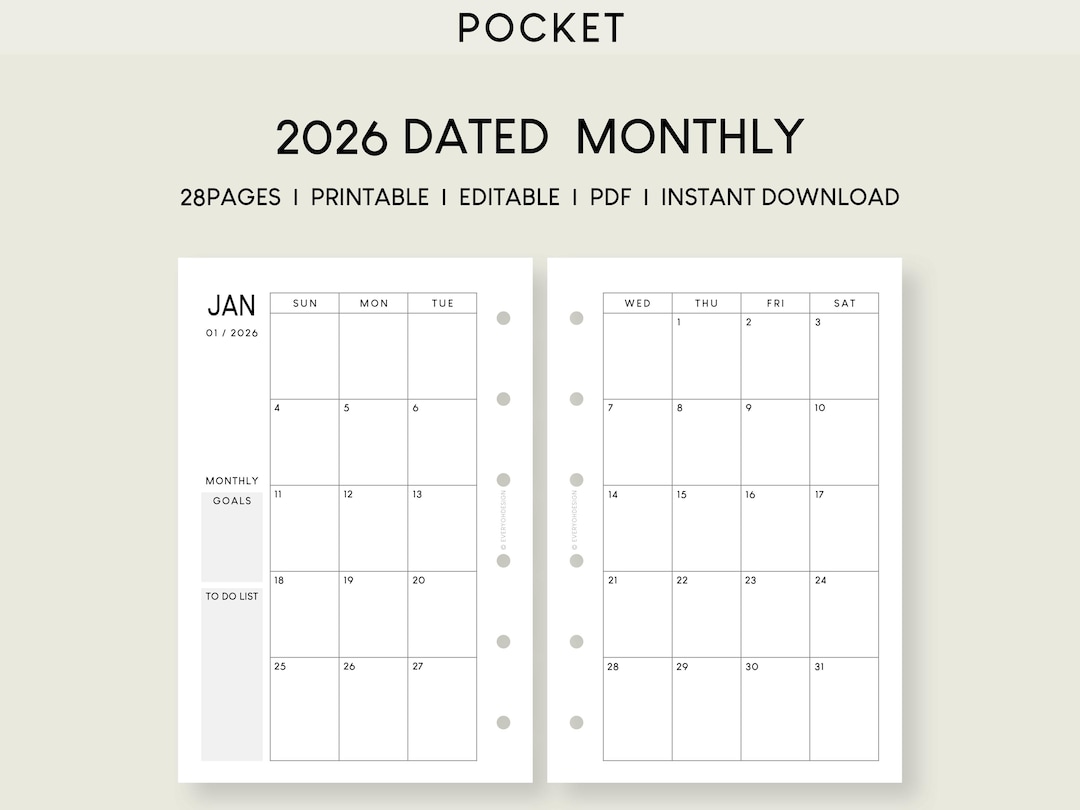 2026 Pocket Monthly Planner Insert: Minimalist Calendar (printable ...