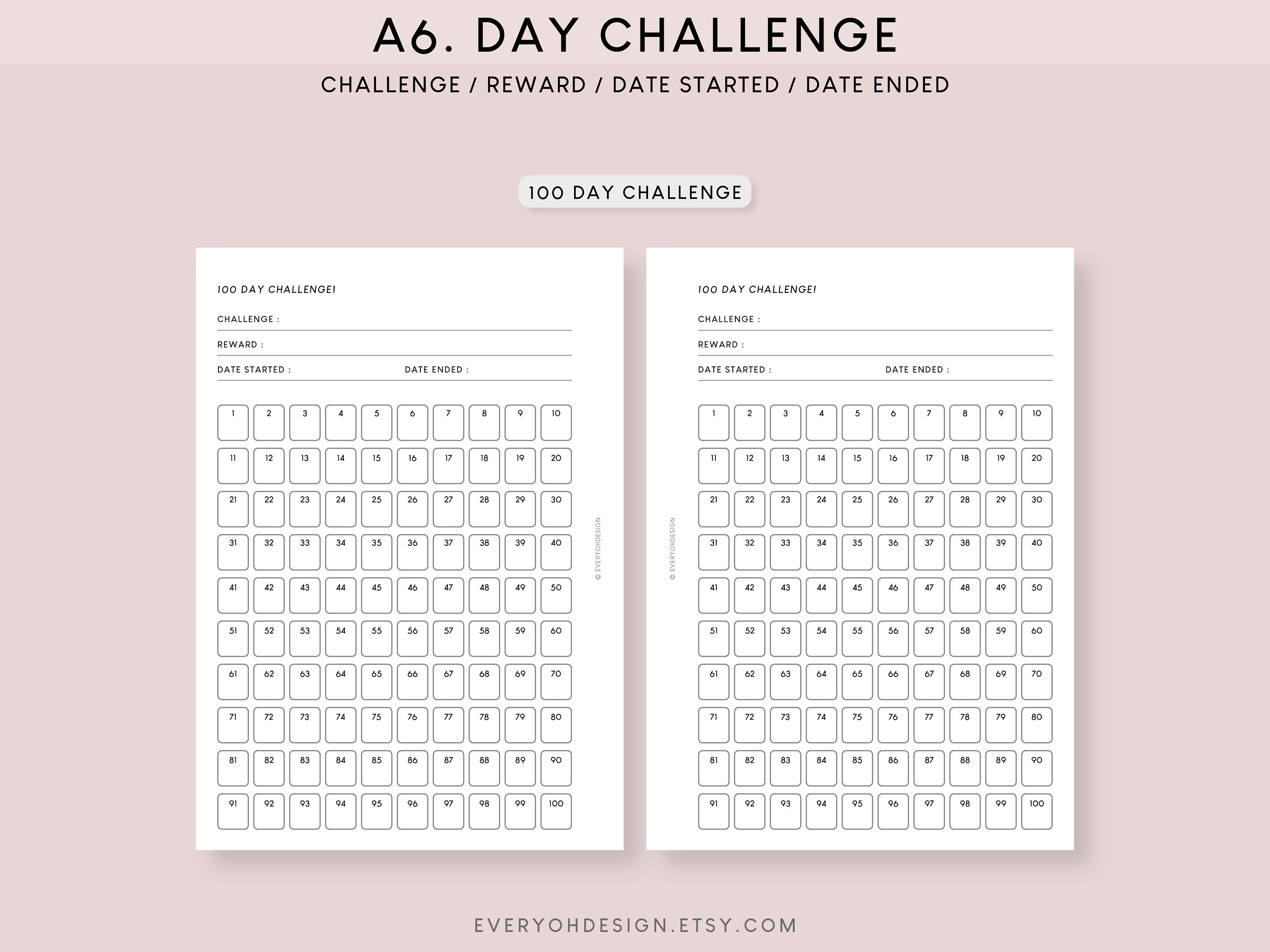 100 Day Challenge Printable Set 30 Day Tracker A4 Letter Template 50 ...