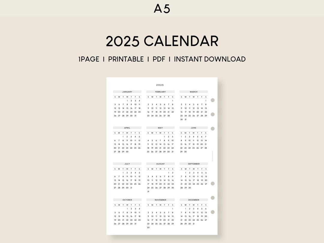 2025 Calendar A5 Printable Insert Sunday, Monday Start Dated Yearly ...