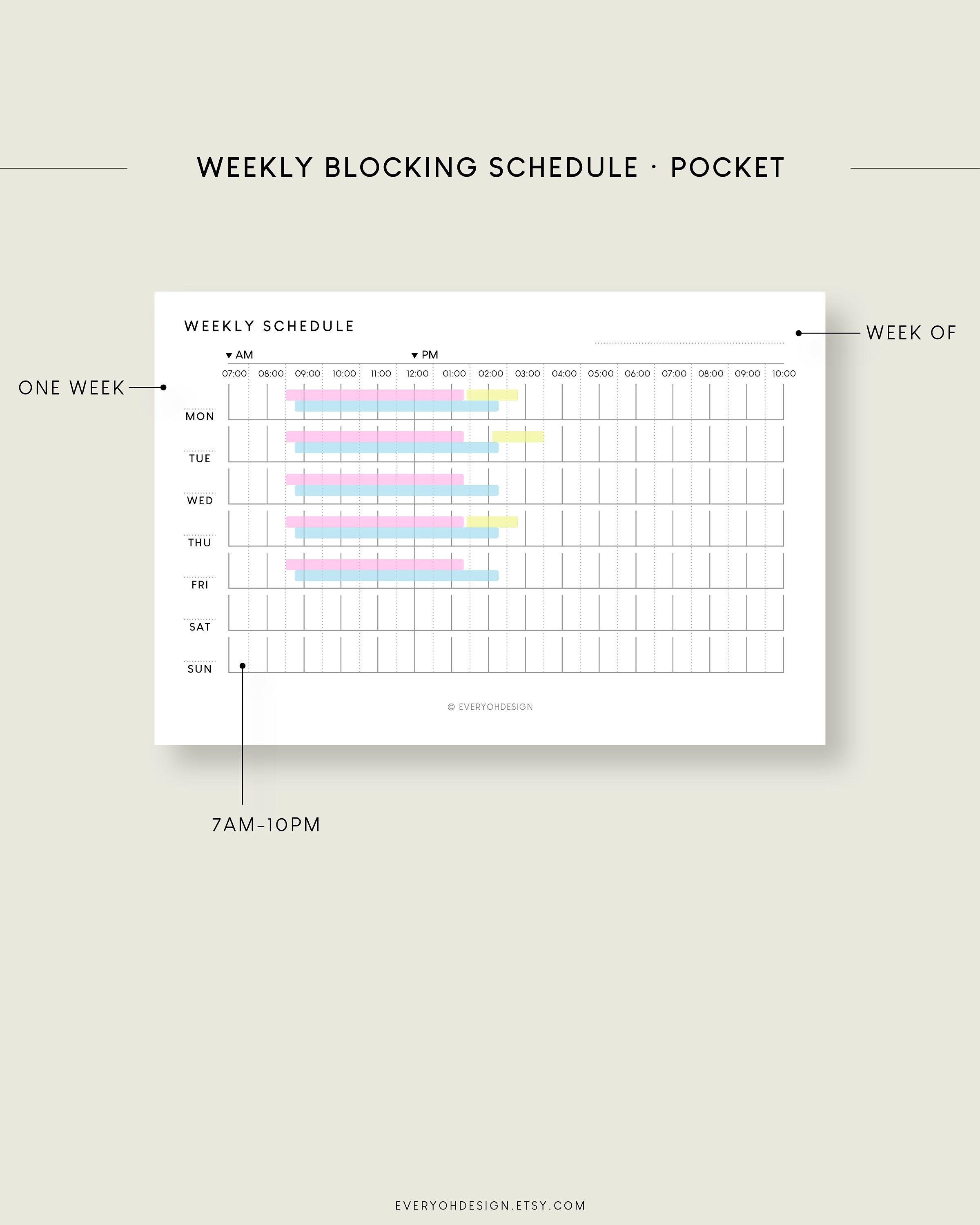 Weekly Schedule Planner Pocket Printable Insert Blocking Timetable ...