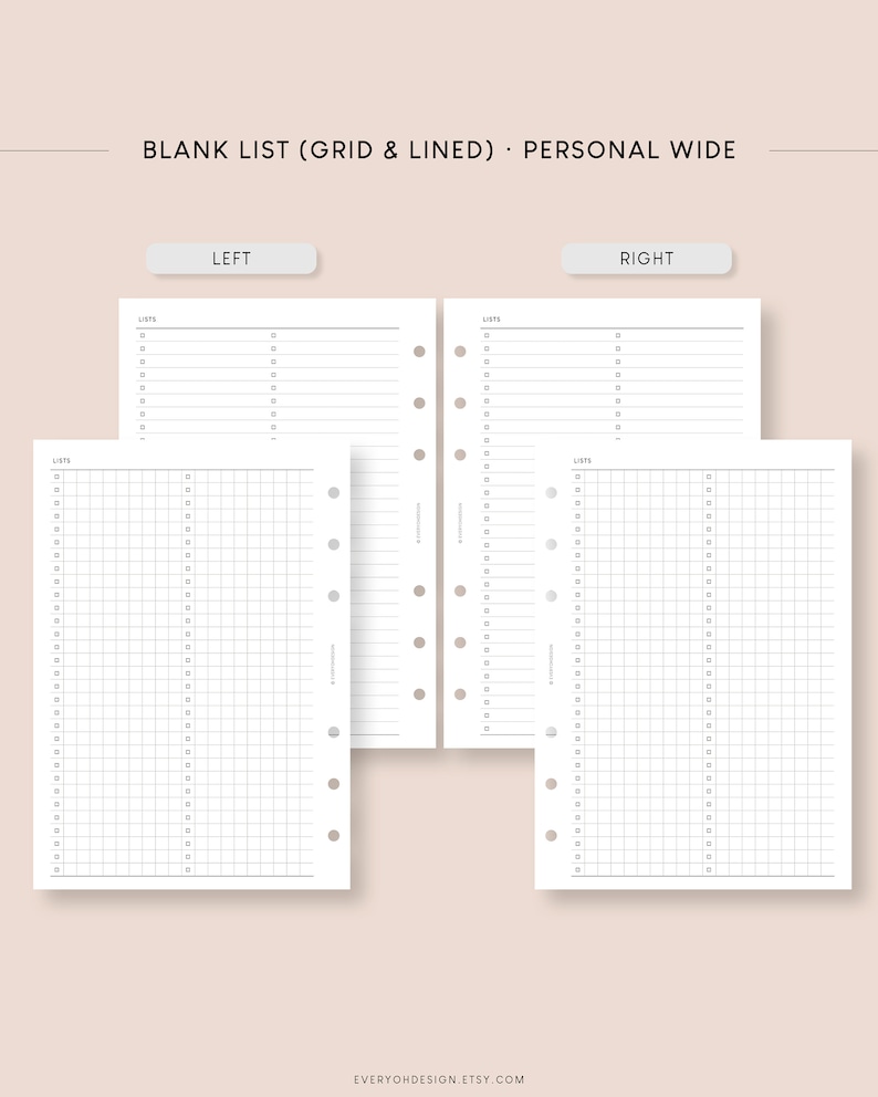 Blank Lists Grid & Lined Personal Wide Printable Planner Inserts ...