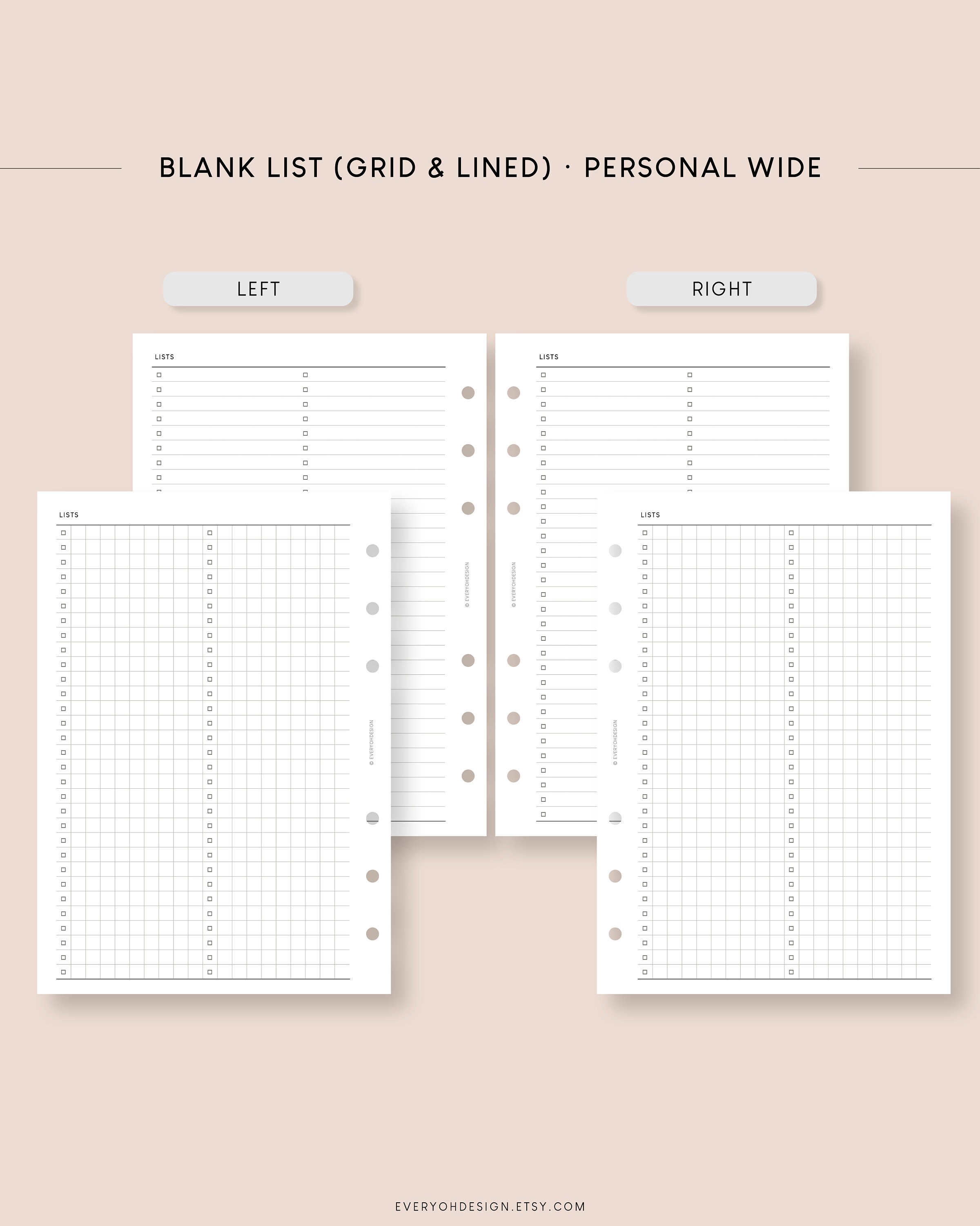 Personal Wide Printable Checklist Inserts: Grid & Lined (PDF) - Etsy