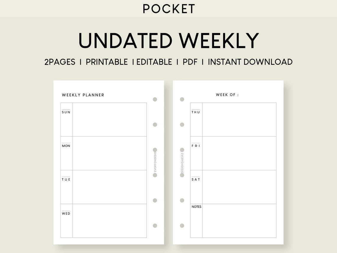 Printable Undated Weekly Planner Pocket Weekly Pocket Fillable Simple ...