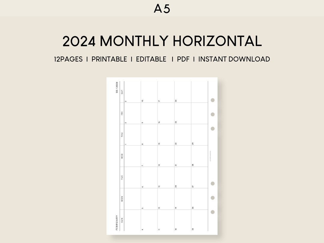 2024 Monthly Planner A5 Printable Inserts Horizontal Calendar 12 Pages ...