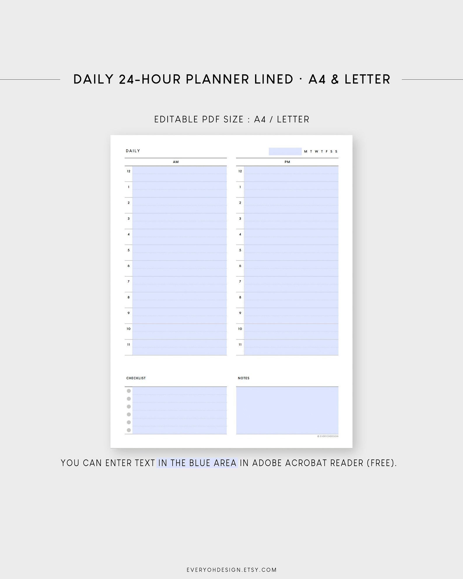 A4 & Letter Daily 24 Hour Planner Printable Undated | Etsy